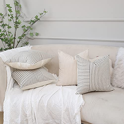 Hckot Black and Beige Patchwork Farmhouse Throw Pillow Covers 18 x 18 Inch, Pack of 2 Striped Linen Decorative Pillow Case for Sofa Couch Chair Bedroom Modern Decor(Black)