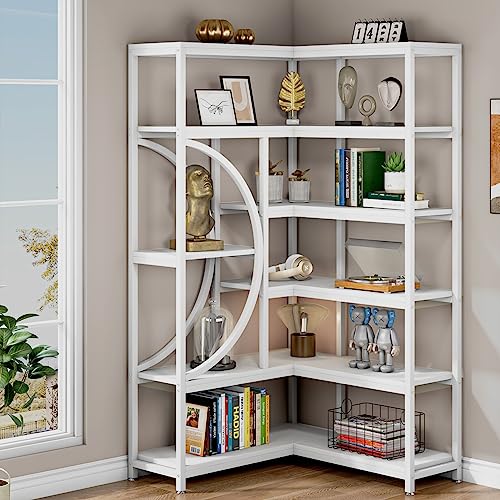 TIYASE 6-Shelf Corner Bookshelf Modern 6-Tier Corner Etagere Bookcases, Large Corner Shelf L-Shaped Book Shelves Display Storage Rack with Metal Frame for Living Room Home Office, White