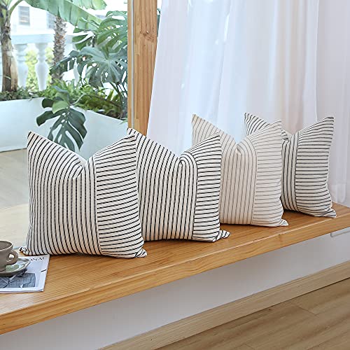 Hckot Black and Beige Patchwork Farmhouse Throw Pillow Covers 18 x 18 Inch, Pack of 2 Striped Linen Decorative Pillow Case for Sofa Couch Chair Bedroom Modern Decor(Black)