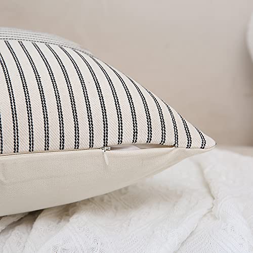 Hckot Black and Beige Patchwork Farmhouse Throw Pillow Covers 18 x 18 Inch, Pack of 2 Striped Linen Decorative Pillow Case for Sofa Couch Chair Bedroom Modern Decor(Black)