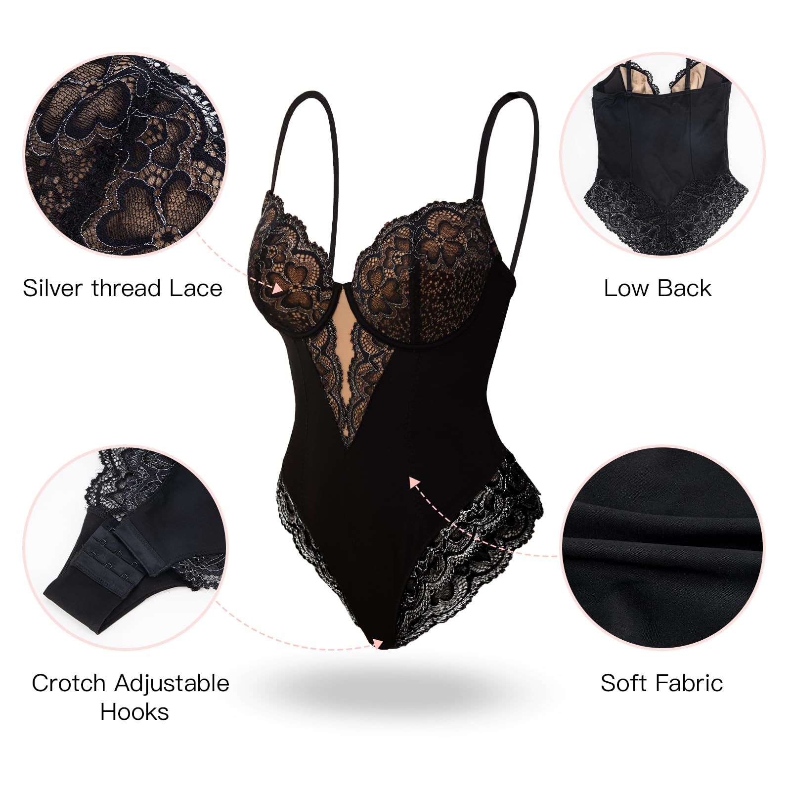 Slimers Women Lace Bodysuit Shapewear for Women Tummy Control Sexy Backless V Neck Thong Bodysuit Built in Bra