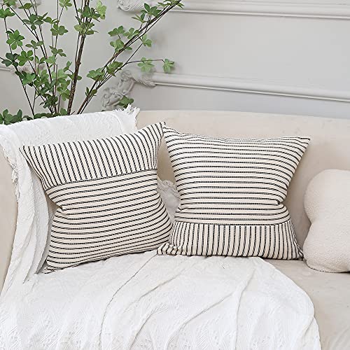 Hckot Black and Beige Patchwork Farmhouse Throw Pillow Covers 18 x 18 Inch, Pack of 2 Striped Linen Decorative Pillow Case for Sofa Couch Chair Bedroom Modern Decor(Black)