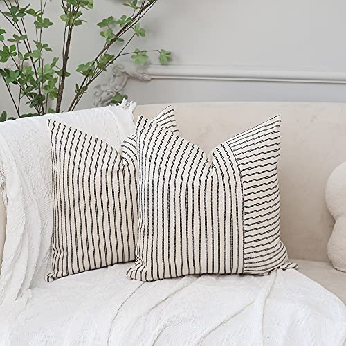 Hckot Black and Beige Patchwork Farmhouse Throw Pillow Covers 18 x 18 Inch, Pack of 2 Striped Linen Decorative Pillow Case for Sofa Couch Chair Bedroom Modern Decor(Black)