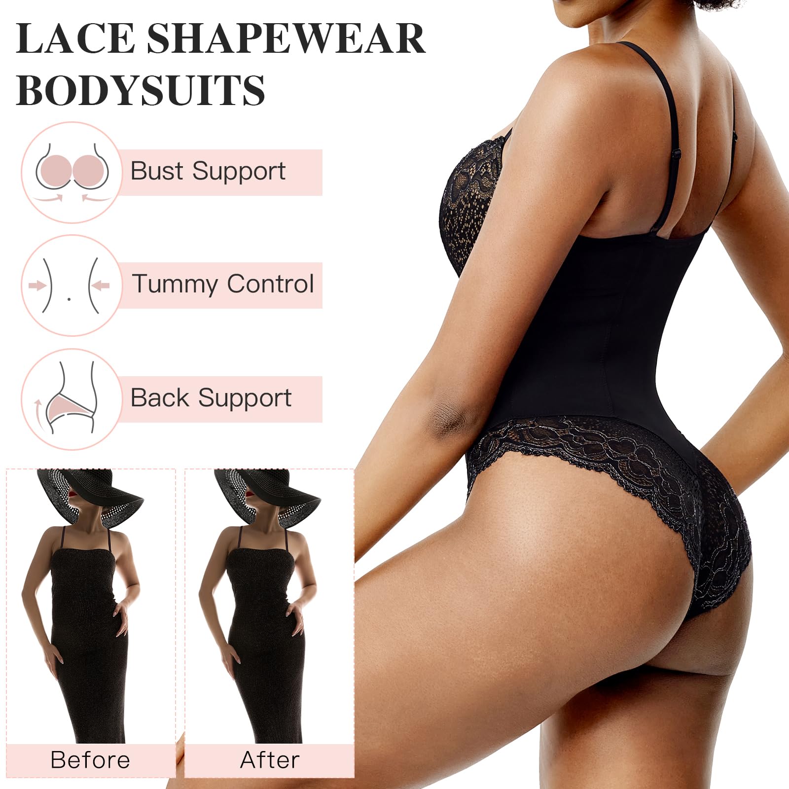 Slimers Women Lace Bodysuit Shapewear for Women Tummy Control Sexy Backless V Neck Thong Bodysuit Built in Bra