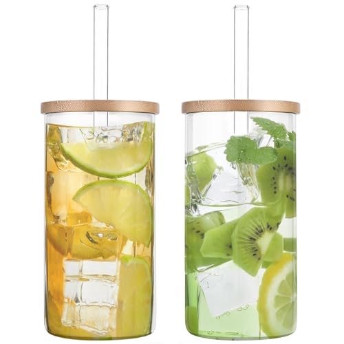 Kftamoetly 2 Pack Glass Cups with Bamboo Lids and Glass Straws, Reusable Wide Mouth Drinking Cups Can Glass Suitable for Juice, Ice Coffee, Tea, Beer, Whiskey (Transparent)