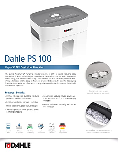 Dahle PaperSAFE PS 100 Paper Shredder, Oil Free, Jam Protection, Security Level P-4, 5 Sheet Max, Shreds Staples, Paper Clips & Credit Cards