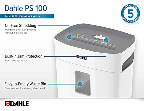 Dahle PaperSAFE PS 100 Paper Shredder, Oil Free, Jam Protection, Security Level P-4, 5 Sheet Max, Shreds Staples, Paper Clips & Credit Cards