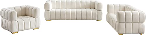 Meridian Furniture Gwen Collection Velvet Upholstered Sofa with Deep Biscuit Tufting, Cream