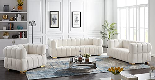 Meridian Furniture Gwen Collection Velvet Upholstered Sofa with Deep Biscuit Tufting, Cream