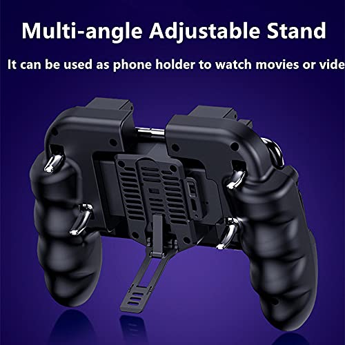 4 Trigger Mobile Game Controller with Cooling Fan Adjustable Stand for PUBG/Fotnite 6 Finger Operation GAMR or L1R1 L2R2 Gaming Grip for 4.7-6.5" iOS Android Phone