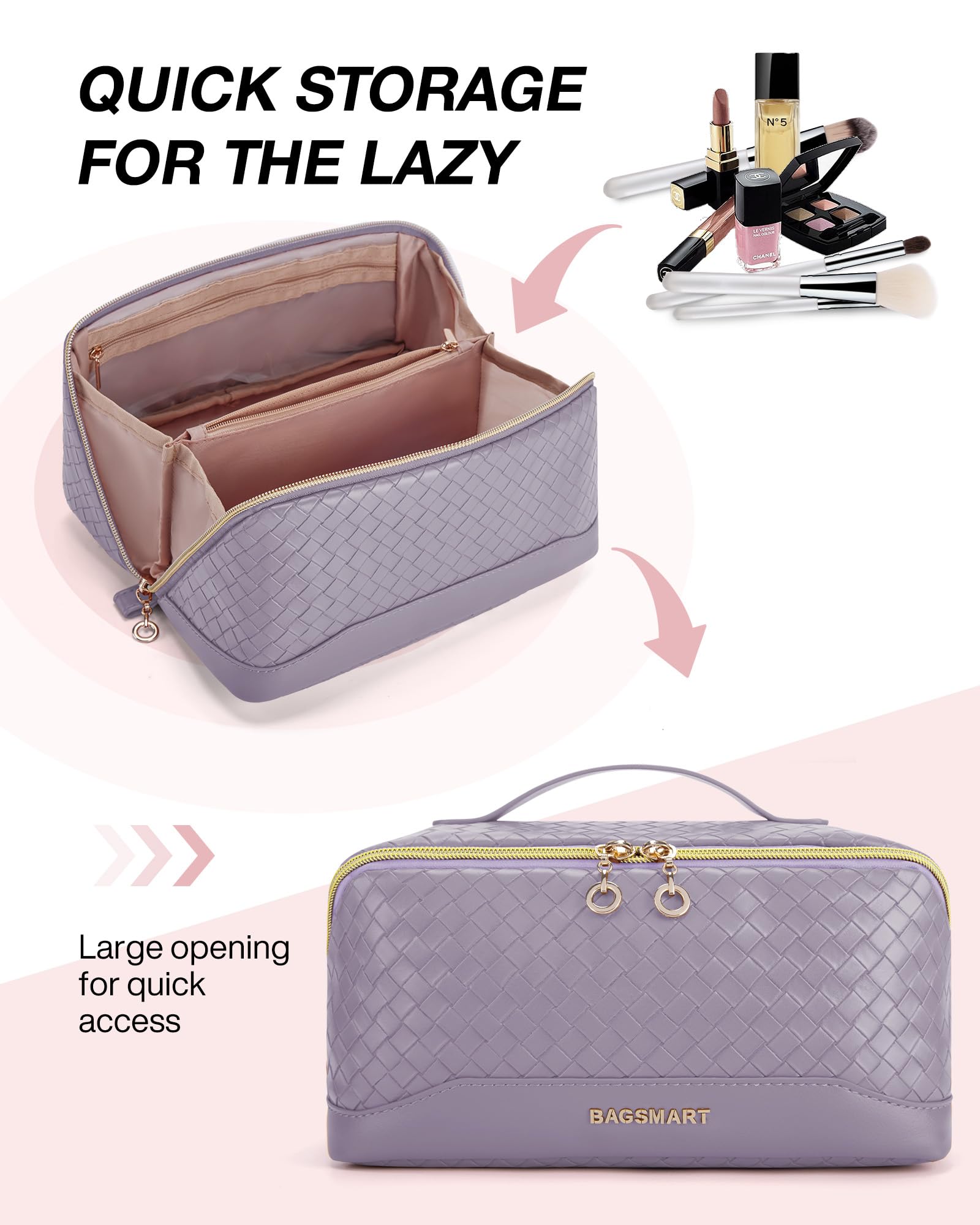 BAGSMART Makeup Bag, Travel Cosmetic Bag Organizer, PU Leather Water-Resistant Pouch, Open Flat Makeup Storage for Toiletries, Brushes, PU Leather Purple
