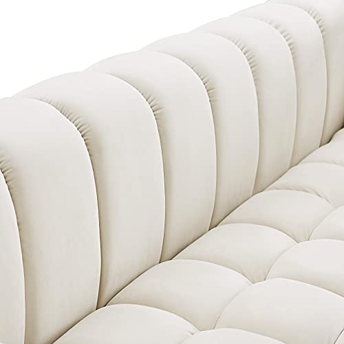 Meridian Furniture Gwen Collection Velvet Upholstered Sofa with Deep Biscuit Tufting, Cream