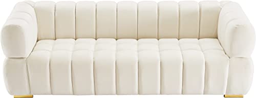 Meridian Furniture Gwen Collection Velvet Upholstered Sofa with Deep Biscuit Tufting, Cream