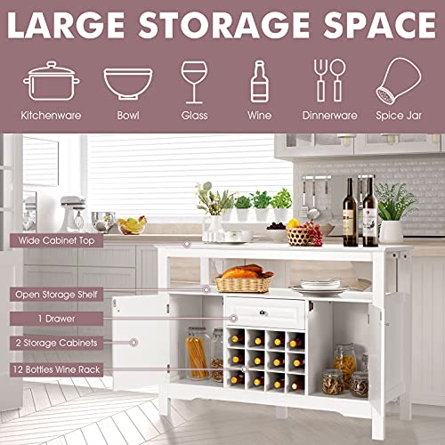 Giantex Buffet Sideboard Wood Storage Cabinet Kitchen Cupboard Dining Room Living Room Bar Furniture Console Table Pantry Credenza with Modular Wine Rack Open Shelf Drawer Cabinets, White