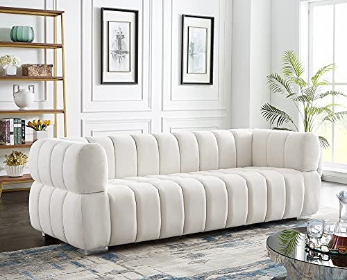 Meridian Furniture Gwen Collection Velvet Upholstered Sofa with Deep Biscuit Tufting, Cream