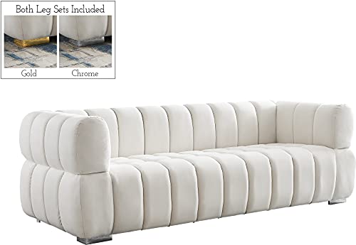 Meridian Furniture Gwen Collection Velvet Upholstered Sofa with Deep Biscuit Tufting, Cream