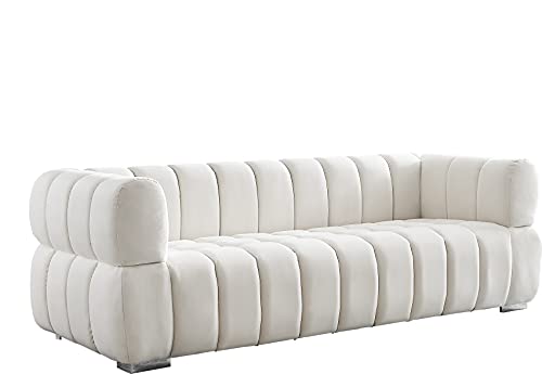 Meridian Furniture Gwen Collection Velvet Upholstered Sofa with Deep Biscuit Tufting, Cream