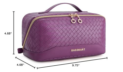 BAGSMART Makeup Bag, Travel Cosmetic Bag Organizer, PU Leather Water-Resistant Pouch, Open Flat Makeup Storage for Toiletries, Brushes, PU Leather Purple