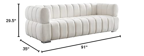 Meridian Furniture Gwen Collection Velvet Upholstered Sofa with Deep Biscuit Tufting, Cream