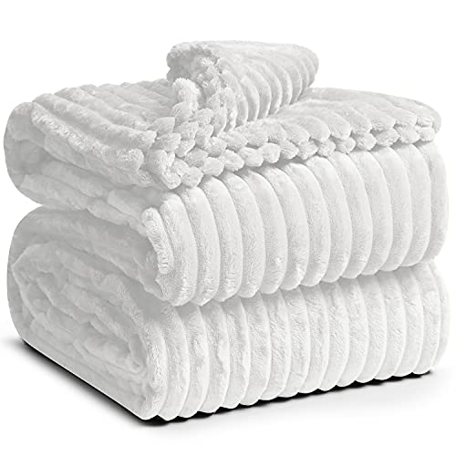 Clara Clark Cut Plush Fleece Throw Blanket - Twin Size - Lightweight Super Soft Fuzzy Luxury Bed Blanket for Bed - Machine Washable - (66x90) (White)