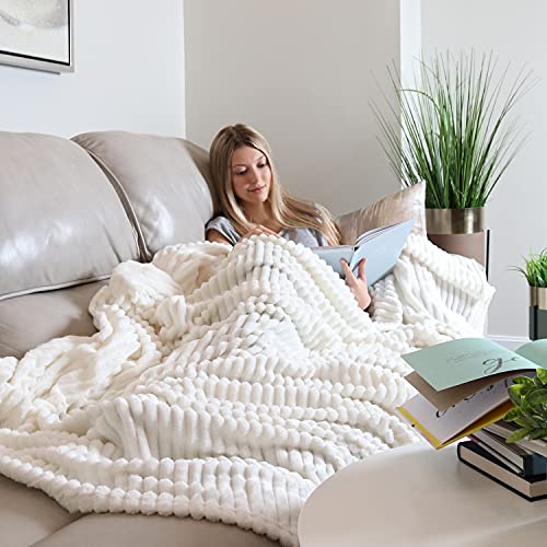 Clara Clark Cut Plush Fleece Throw Blanket - Twin Size - Lightweight Super Soft Fuzzy Luxury Bed Blanket for Bed - Machine Washable - (66x90) (White)
