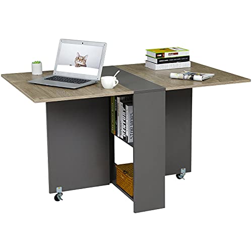 Folding Dining Table, Drop Leaf Dining Table with 6 Wheels and 2-Layer Storage Shelf, Space Saving Dining Table for Small Spaces, Chestnut and Gray 51.2 inch D x 31.5 inch W x 28.4 inch H
