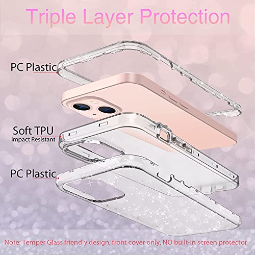 Coolwee Crystal Glitter Full Protective Case Compatible iPhone 13 Heavy Duty Hybrid 3 in 1 Rugged Shockproof Women Girls Transparent Compatible with Apple iPhone 13 6.1 inch Shiny Clear Bling Sparkle