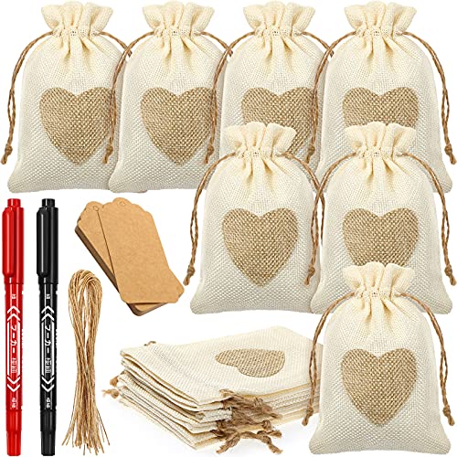 52 Pieces Valentines Heart Burlap Bags with Drawstring Set Include 25 Small Heart Drawstring Pouch 6 x 4 Inches 25 Present Tags with Ropes and 2 Mark Pens Candy Pouches for Birthday Party Wedding