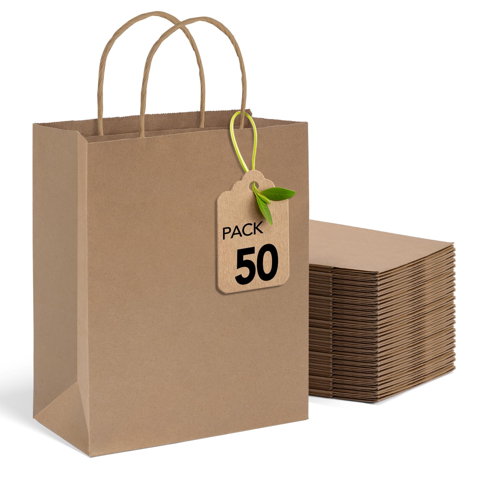 MESHA Shopping Bags 50Pcs 10x5x13'' Kraft Paper Bags with Handles Bulk Large Gift Bags Retail Bags Recycled Bags Birthday Wedding Party Favors Bags Brown
