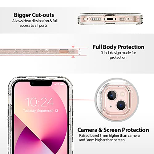 Coolwee Crystal Glitter Full Protective Case Compatible iPhone 13 Heavy Duty Hybrid 3 in 1 Rugged Shockproof Women Girls Transparent Compatible with Apple iPhone 13 6.1 inch Shiny Clear Bling Sparkle