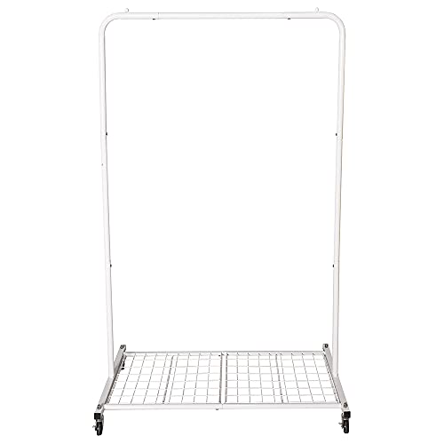 Simple Trending Standard Rod Clothing Garment Rack, Clothing Rolling Rack With Mesh Storage Shelf On Wheels (White)