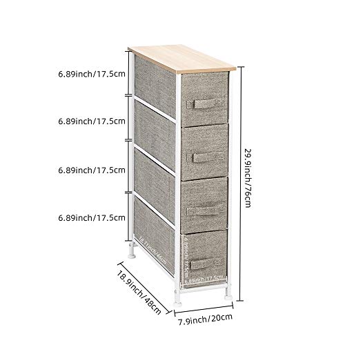 QJing Narrow Dresser, Vertical Storage Unit With 4 Fabric Drawers, Metal Frame, Slim Storage Tower, 7.9” Width, For Living Room, Kitchen, Small Space, Gap (Linen)