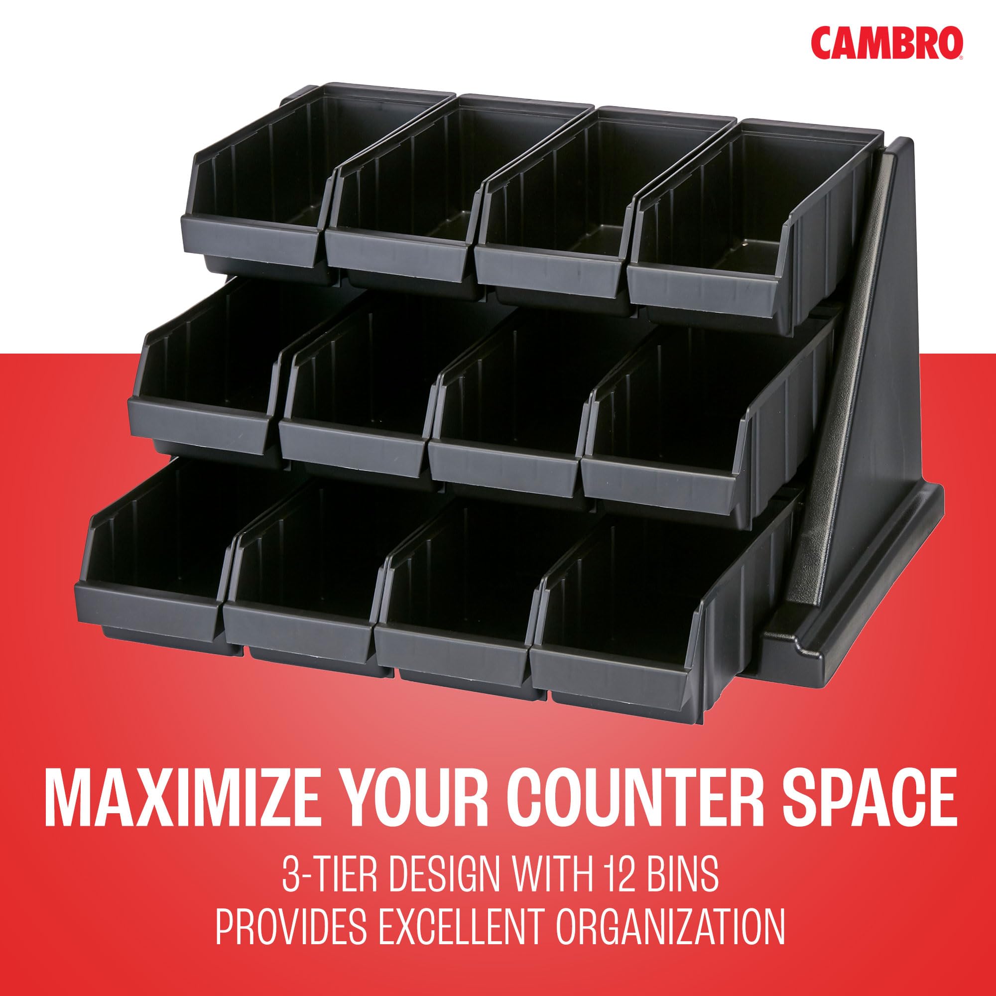 Cambro 12RS12110 Black Versa Self Serve Condiment Bin Stand Set with 3-Tier Stand and 12" Condiment Bins Case of 1