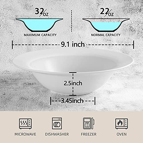 Wareland Rimmed Pasta Bowls Set of 4, 22 OZ Wide Rim Pasta Plates, Large Salad Serving Bowls for Restaurant, White Porcelain Deep Spaghetti Plates, Microwave Dishwasher Oven Safe
