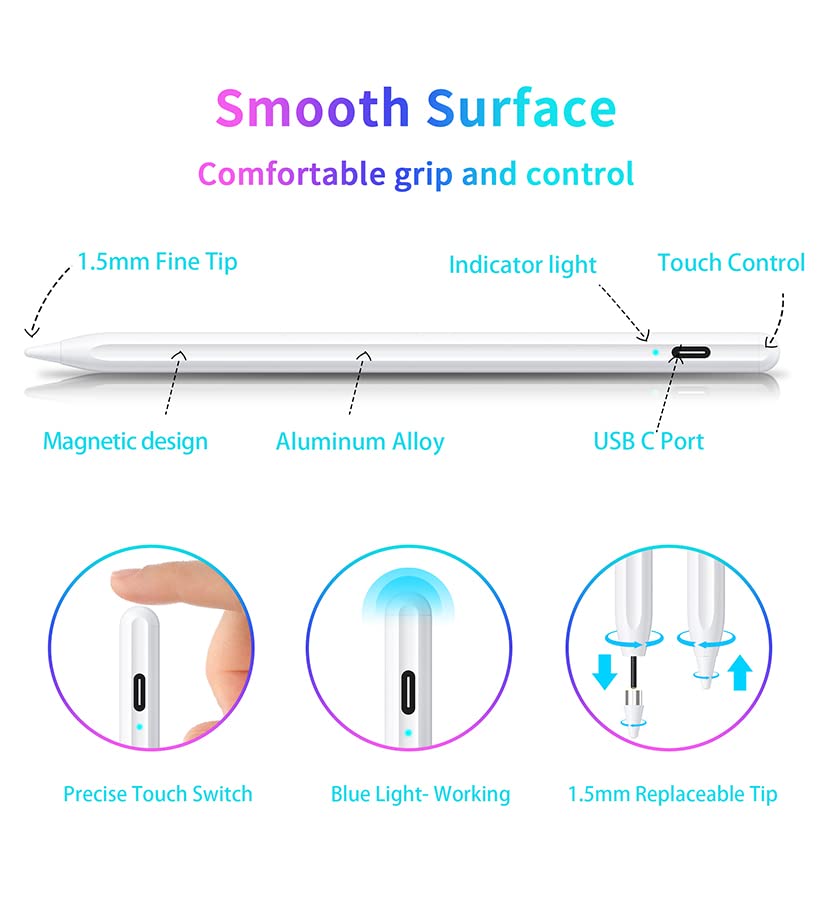 Stylus Pen, Active Stylus Pen Compatible for iOS and Android Touchscreens/Phones, Rechargeable Stylus Pen with Dual Touch Screen, Stylus Pencil for Apple/Android/Samsung Tablet, 16.5CM,White