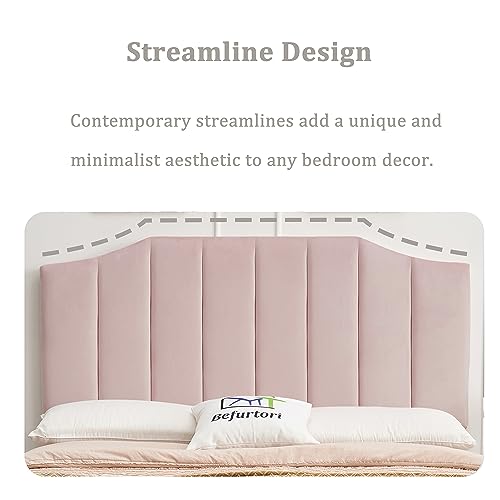Befurtori Velvet Upholstered Queen Headboard, Tufted Headboard for Queen/Full, Modern Vertical Channel Design with Curved Tufted Solid Wood Head Board and Luxury Soft Padded, Pink