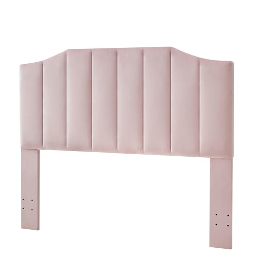 Befurtori Velvet Upholstered Queen Headboard, Tufted Headboard for Queen/Full, Modern Vertical Channel Design with Curved Tufted Solid Wood Head Board and Luxury Soft Padded, Pink