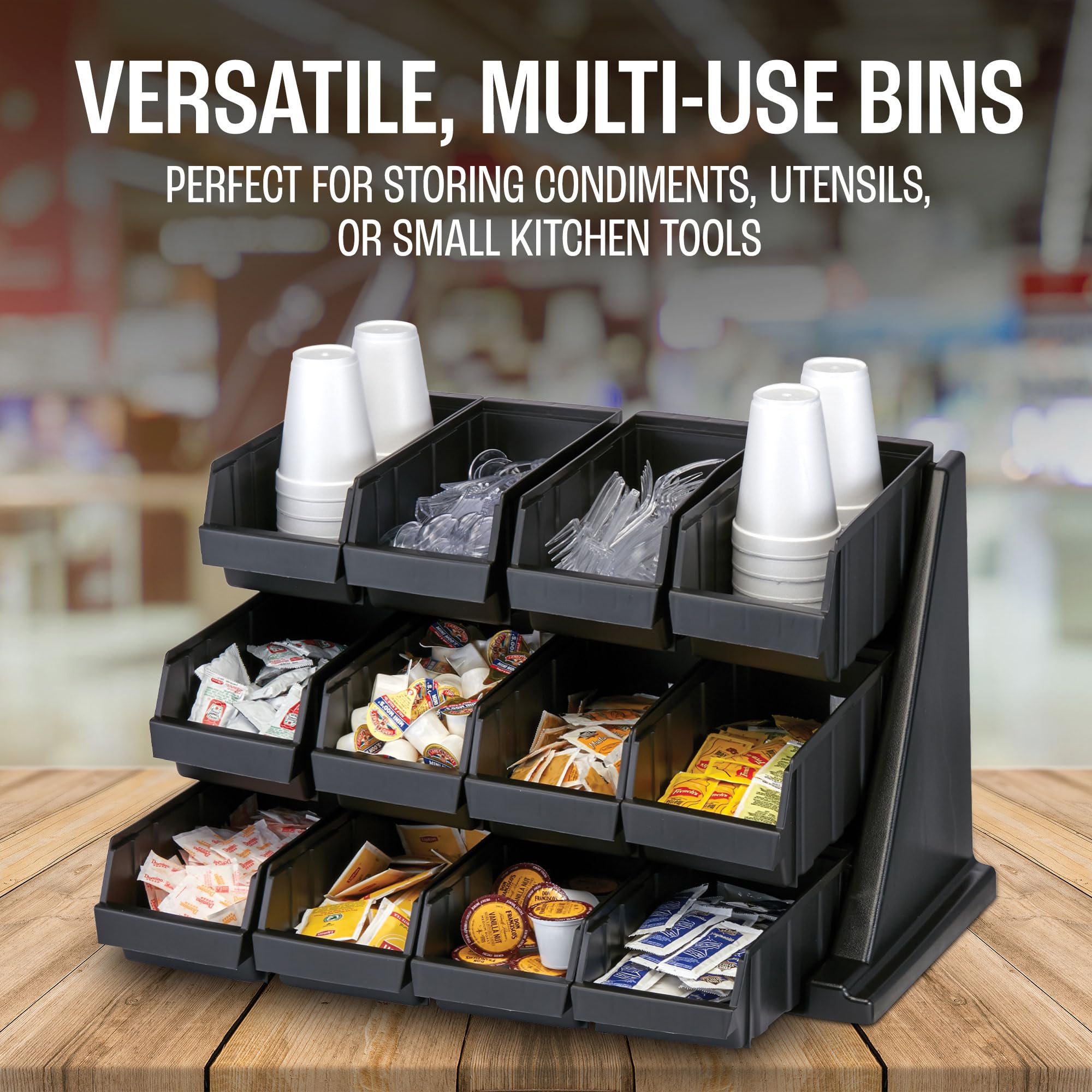 Cambro 12RS12110 Black Versa Self Serve Condiment Bin Stand Set with 3-Tier Stand and 12" Condiment Bins Case of 1