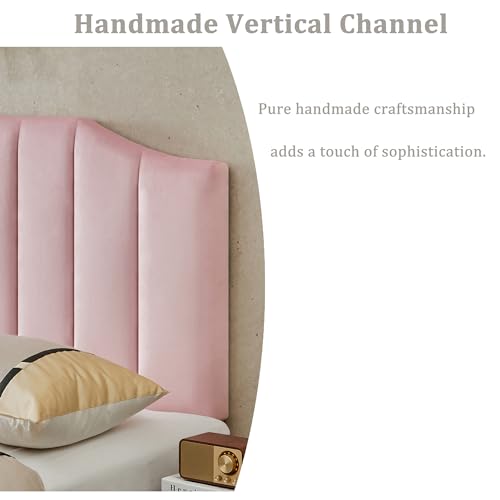 Befurtori Velvet Upholstered Queen Headboard, Tufted Headboard for Queen/Full, Modern Vertical Channel Design with Curved Tufted Solid Wood Head Board and Luxury Soft Padded, Pink