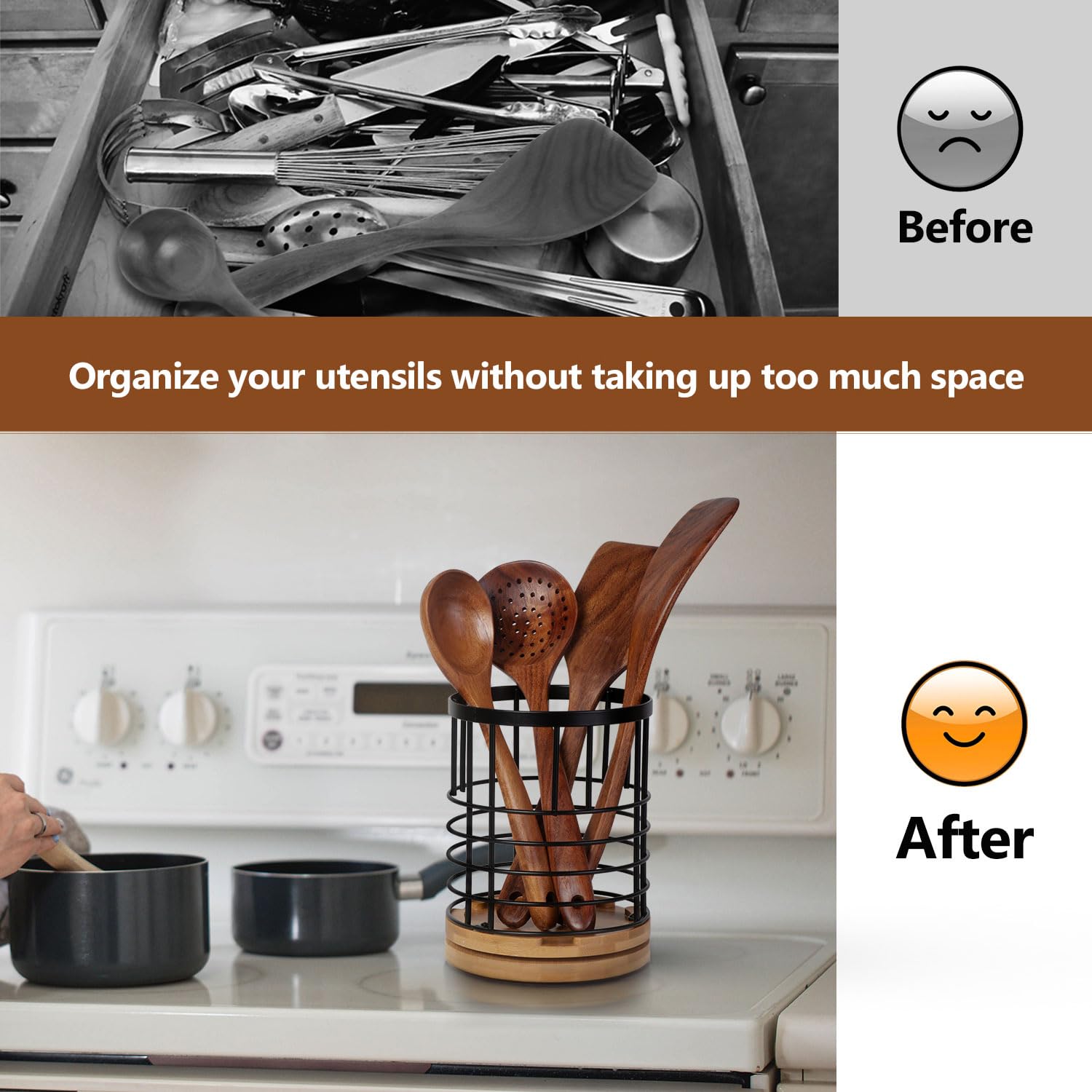 JSVER Utensil Holder Kitchen Utensil Holder, Round Utensil Holder for Kitchen Counter, Cooking Utensil Holder With Wooden Base Matte Black, 360° Rotating Kitchen Utensils Holder