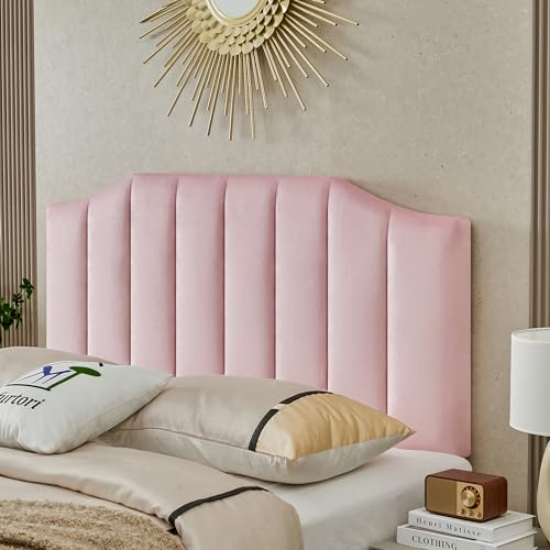 Befurtori Velvet Upholstered Queen Headboard, Tufted Headboard for Queen/Full, Modern Vertical Channel Design with Curved Tufted Solid Wood Head Board and Luxury Soft Padded, Pink