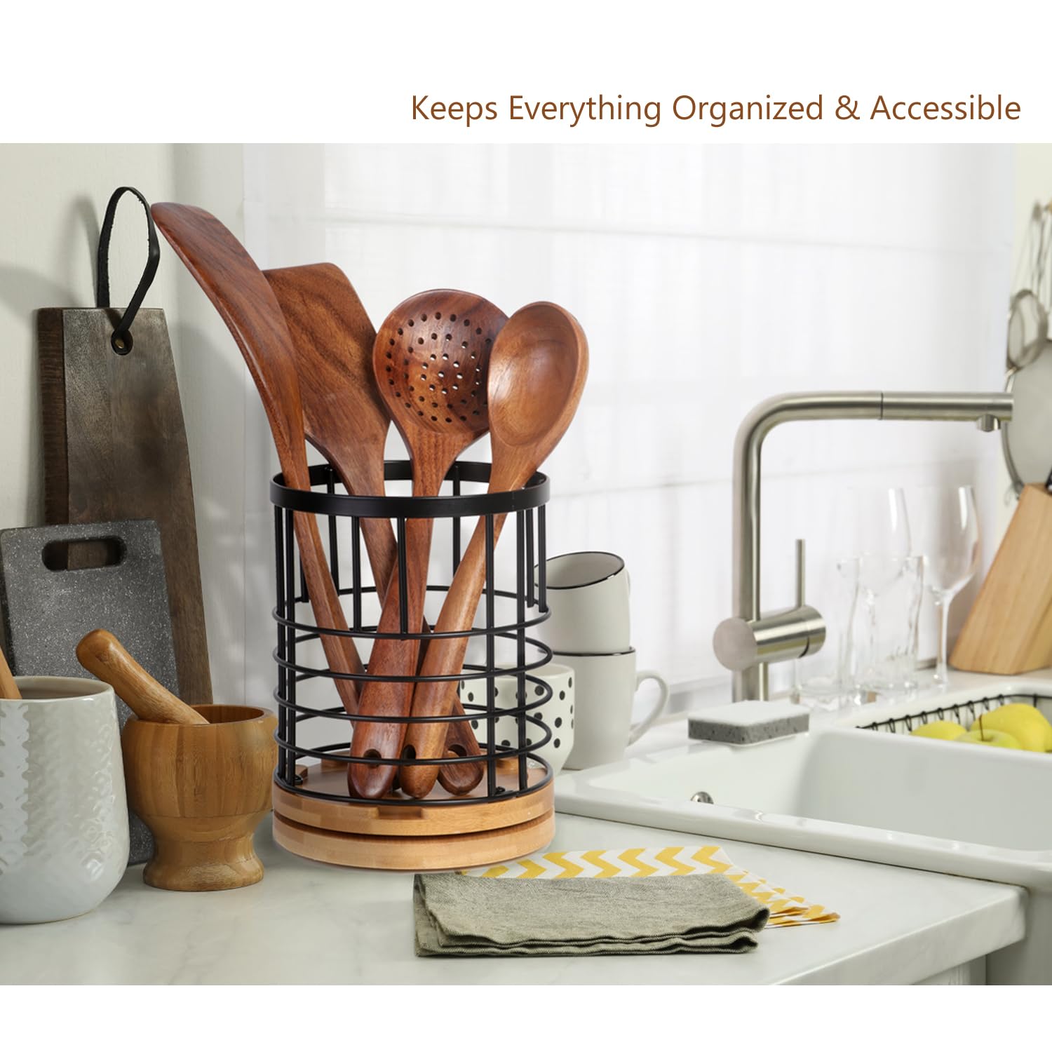 JSVER Utensil Holder Kitchen Utensil Holder, Round Utensil Holder for Kitchen Counter, Cooking Utensil Holder With Wooden Base Matte Black, 360° Rotating Kitchen Utensils Holder