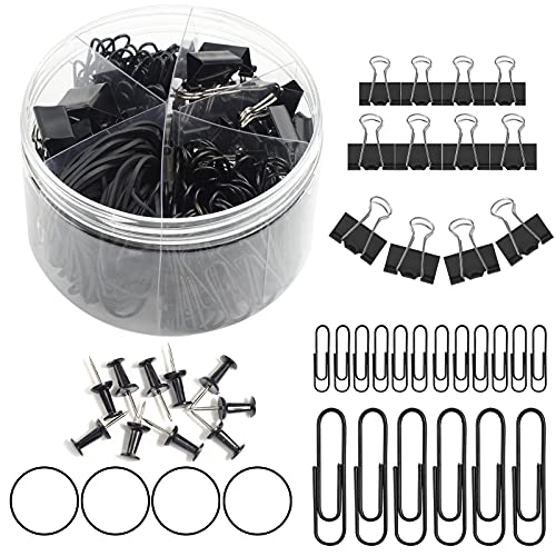 Binder Clips Paper Clips,250pcs Colored Office Clips Set,Assorted Sizes Paper Clamps Paperclips Push Pins Rubber Bands for Office,Teacher Gifts and Kitchen (Black)