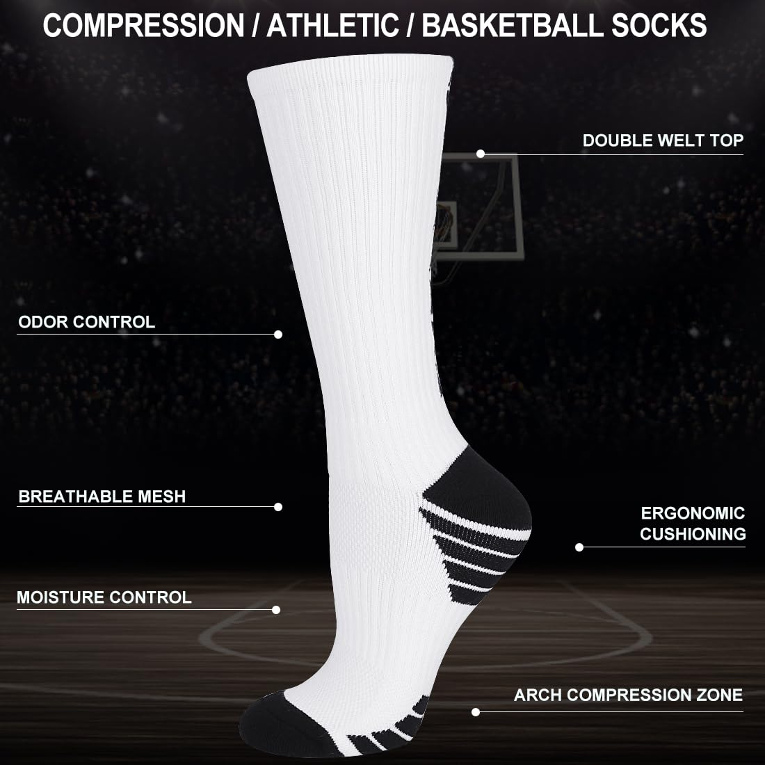 Finerview Elite Basketball Socks for Men 6 Pairs, High-Top Premium Mid Calf Athletic Socks for Adult & Youth