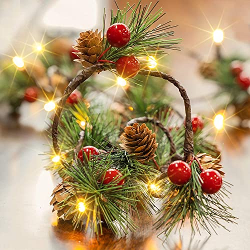 Dazzle Bright 6.5 FT Pine Cone Christmas String Lights, 20 LED Battery Operated Christmas Garland with Red Berry Pine Cone Fairy String Lights for Indoor Outdoor Xmas Fireplace Mantel Decorations