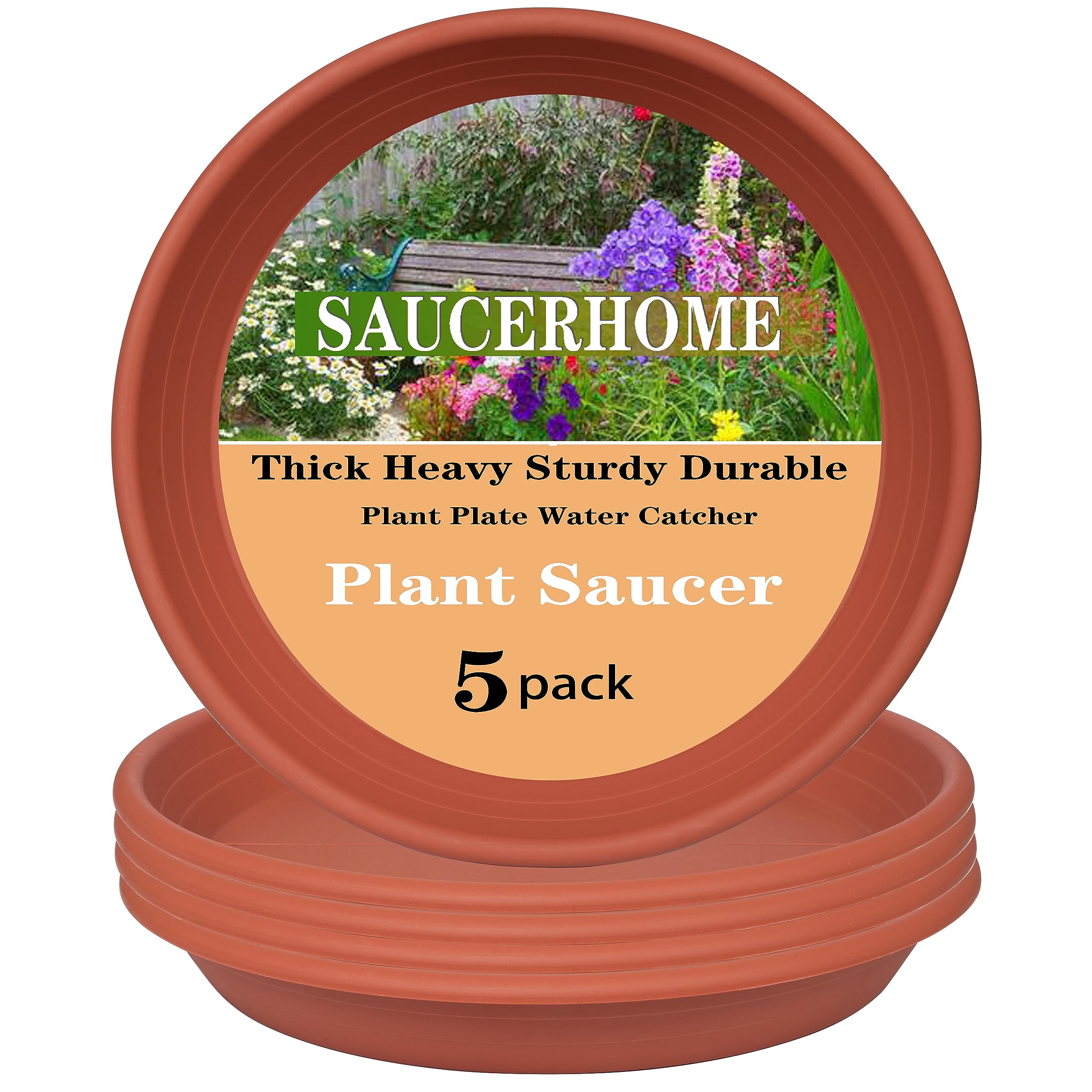 SAUCERHOME 5 Packs Plant Saucer Pot Tray 6 8 10 12 14 16 19 20 Inch Plastic Flower Planter Saucers and Drip Trays for Indoors Outdoors, Heavy Durable Plant Plate Water Catcher (6 Inch Terracotta)