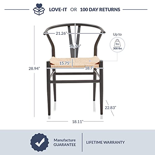 BELLEZE Black Kitchen Dining Room Chairs Set of 2, Modern Wishbone Indoor Dining Chairs with Mid-Century Metal Curved Backrest, Natural Weave Hemp Seat - Sorrento (Black)