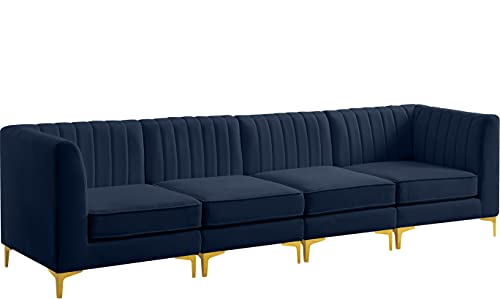 Meridian Furniture Alina Collection Velvet Upholstered Modular Sofa with Deep Channel Tufting, 119" Wide, Navy