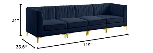 Meridian Furniture Alina Collection Velvet Upholstered Modular Sofa with Deep Channel Tufting, 119" Wide, Navy