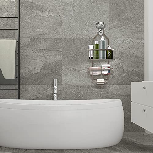 YUNWANG Bathroom Shower Caddy Over Shower Head,Stainless Steel Shower Caddy Hanging for Shampoo and Conditioner,Shower Rack with Hooks for Razors Towels,Sliver,24.8x11x3.9 Inch